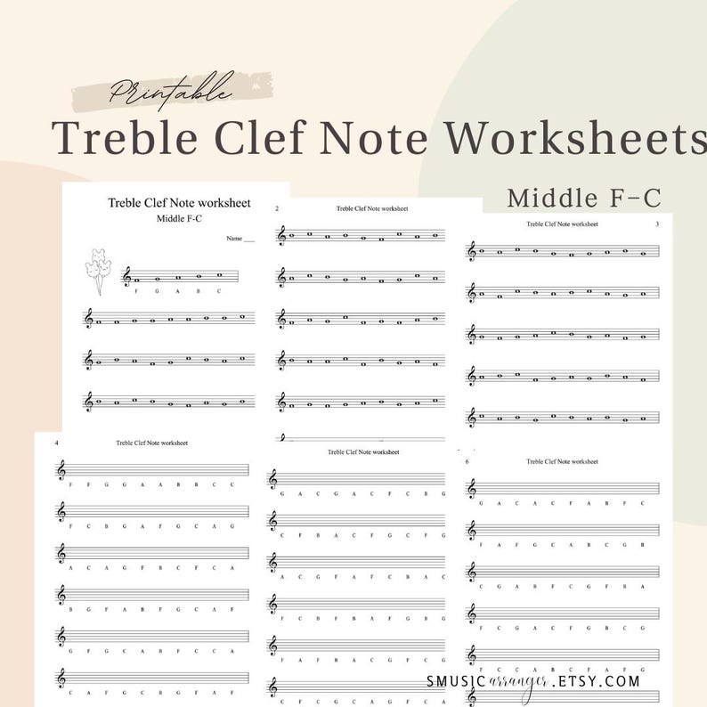 Treble Clef Note Worksheet Middle F-C - Etsy