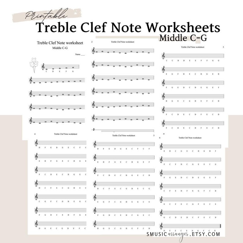 Treble Clef Note Worksheet Middle C - G - Etsy