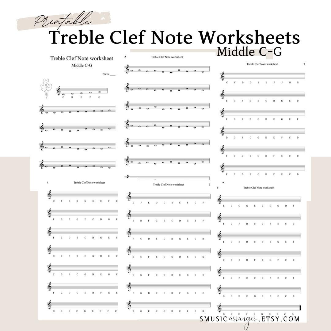 Treble Clef Note Worksheet Middle C - G - Etsy