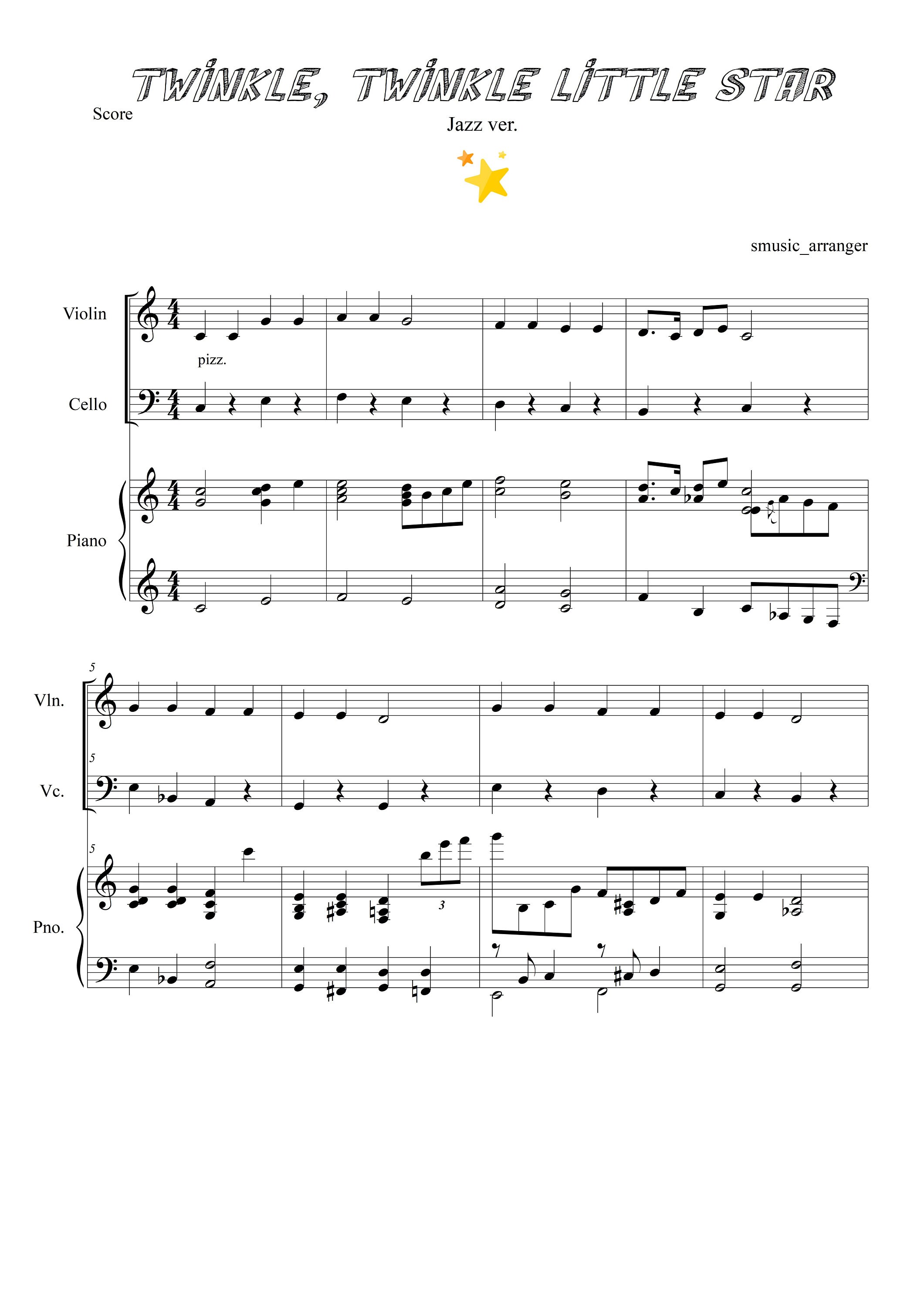 Twinkle Twinkle Little Star Jazz Ver. for 1 Violin 1 Cello - Etsy