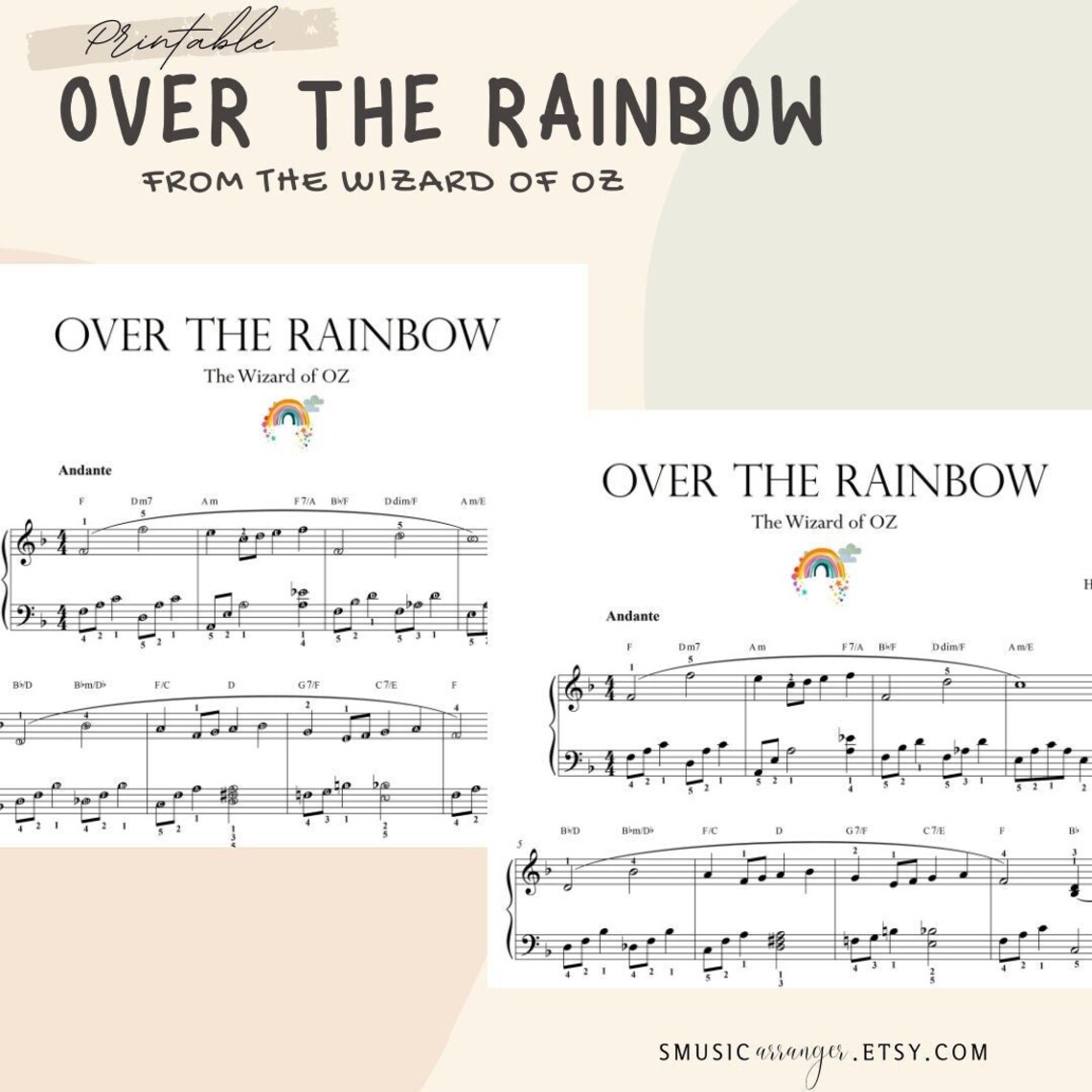 Somewhere Over the Rainbow Piano Sheet Music. With Note Names self ...