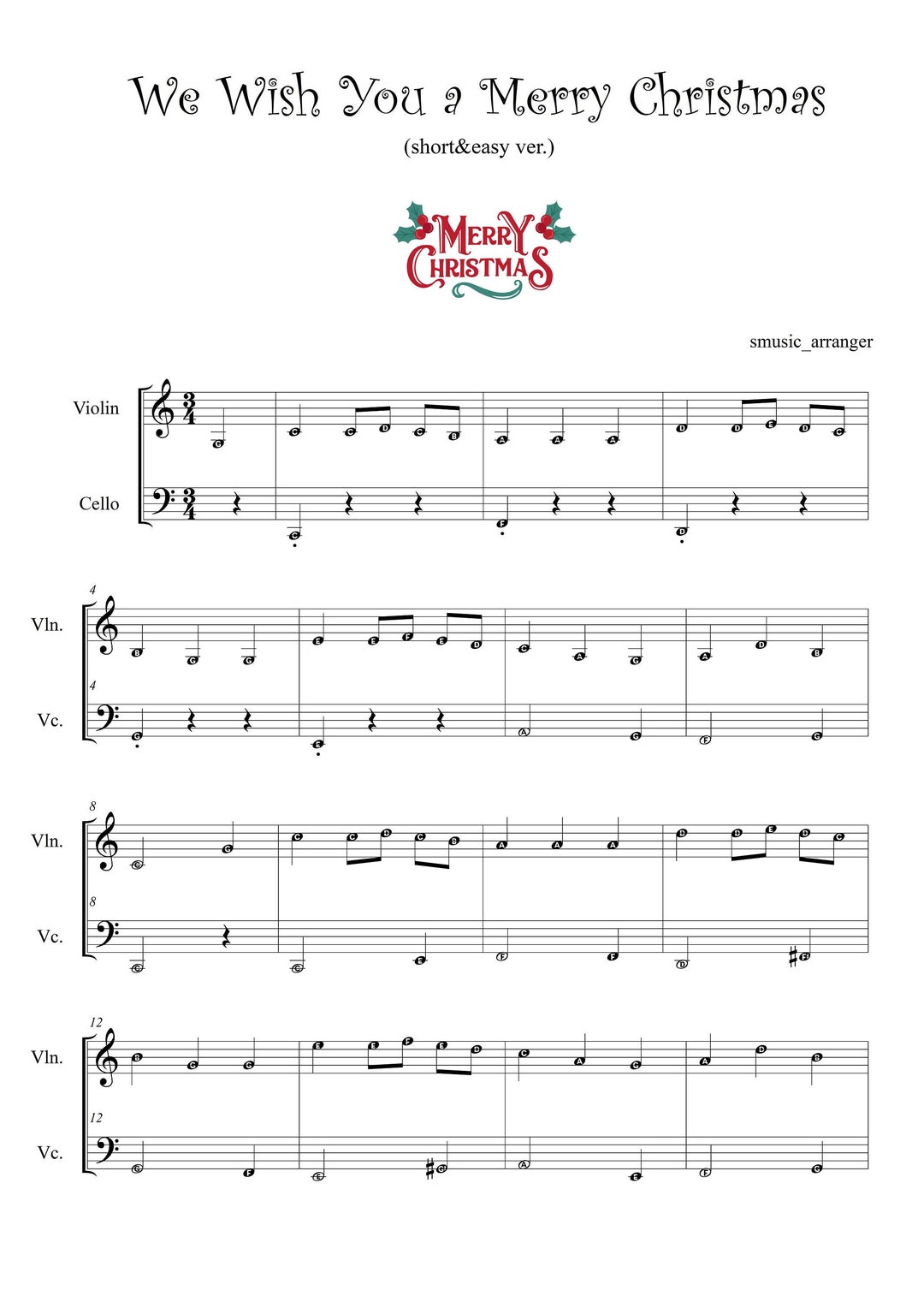 We Wish You a Merry Christmas Sheet Music. Violin Cello Duet Easy ...