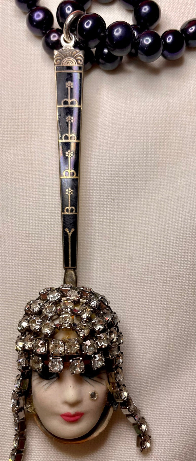 Art Deco Flapper Necklace Sterling Silver Enameled With Cultured Black ...