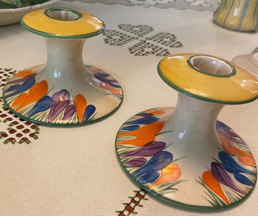 Rare Clarice Cliff Hand Painted Set of Crocus Candle Holders From the ...