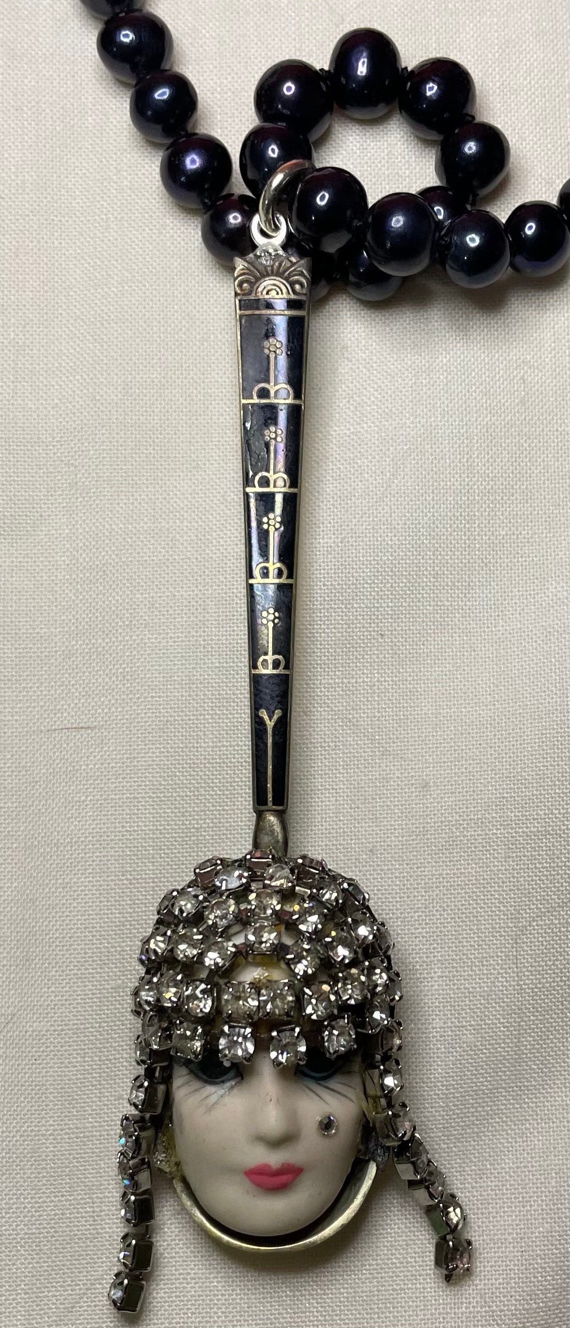 Art Deco Flapper Necklace Sterling Silver Enameled With Cultured Black ...