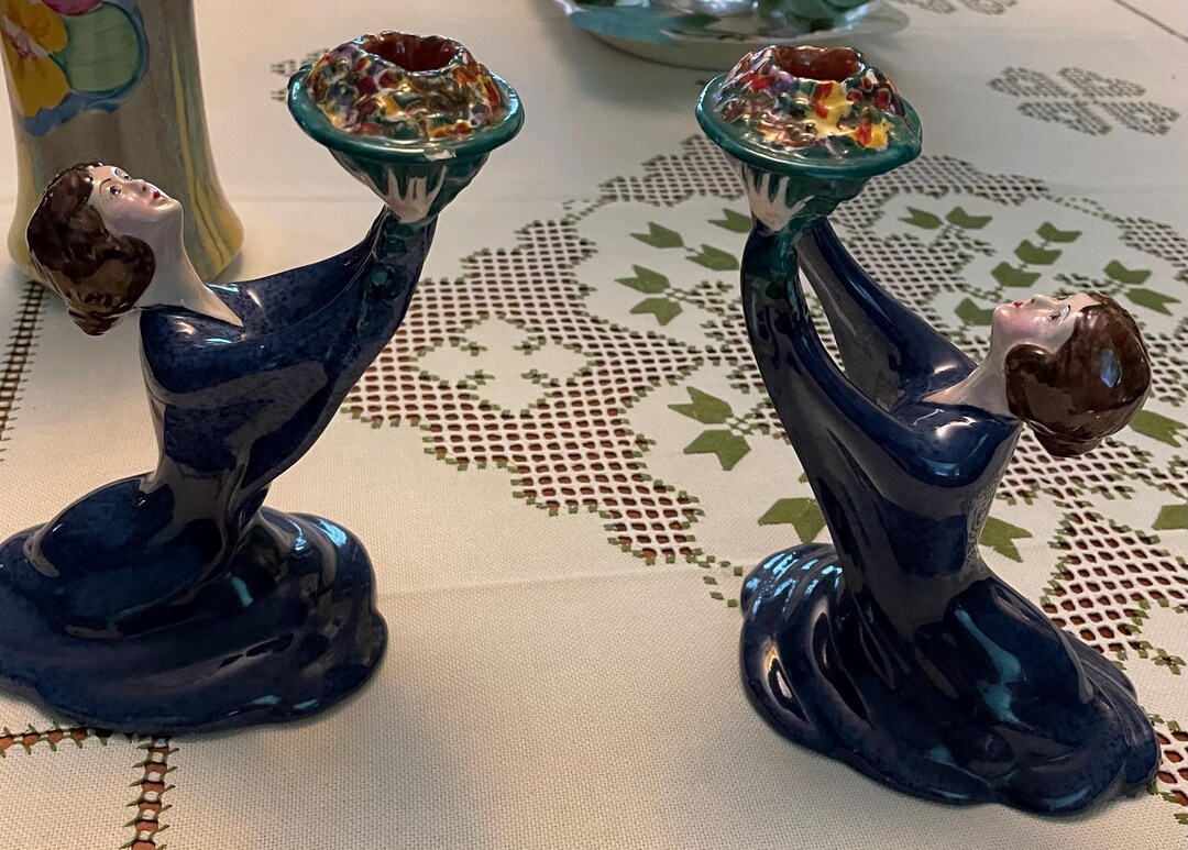 Rare Clarice Cliff Hand Painted Set of Lady Candle Holders From the ...