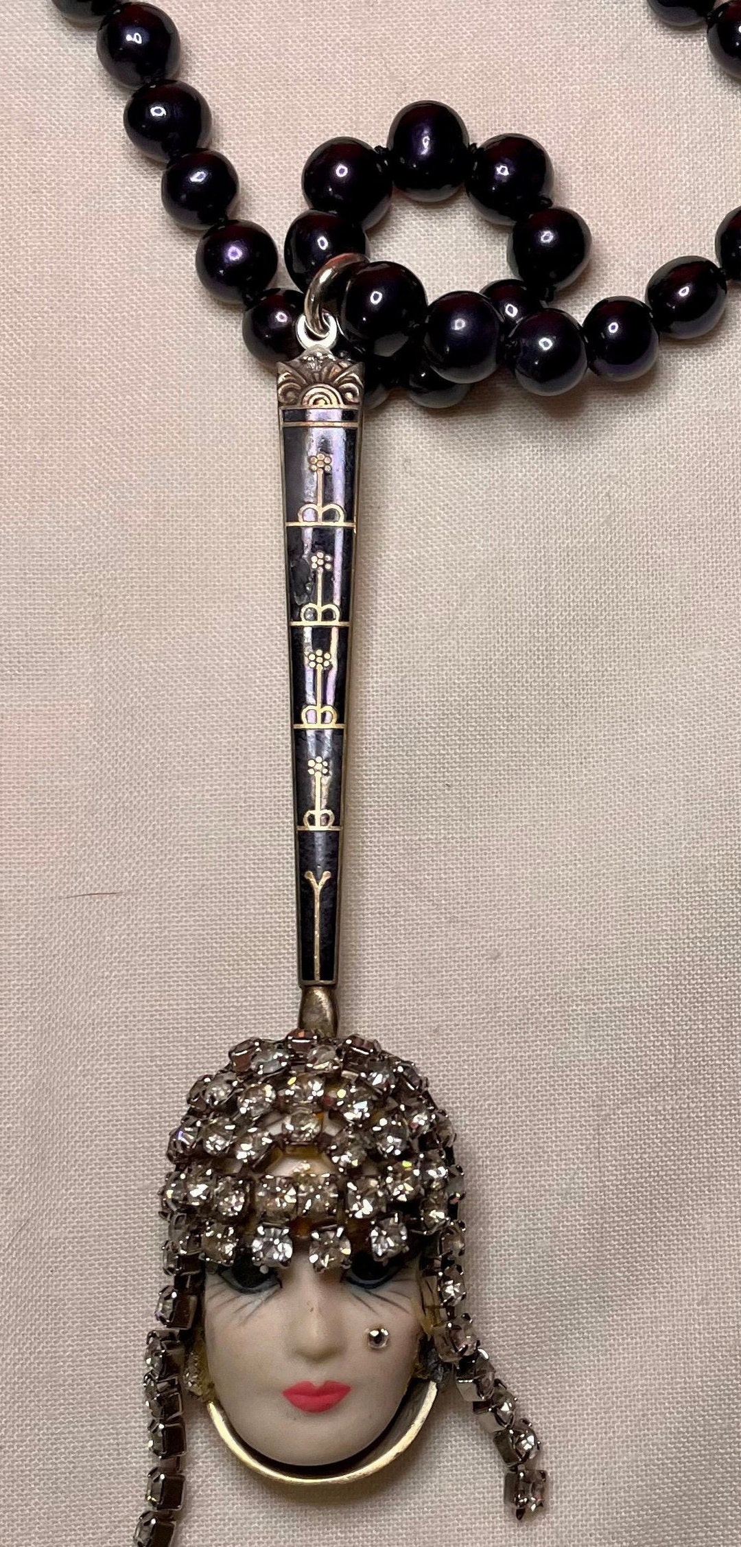 Art Deco Flapper Necklace Sterling Silver Enameled With Cultured Black ...