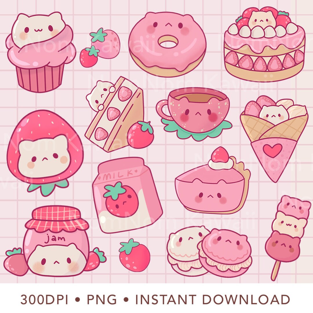 Strawberry Clipart PNG Kawaii Strawberry Clipart Cute - Etsy UK
