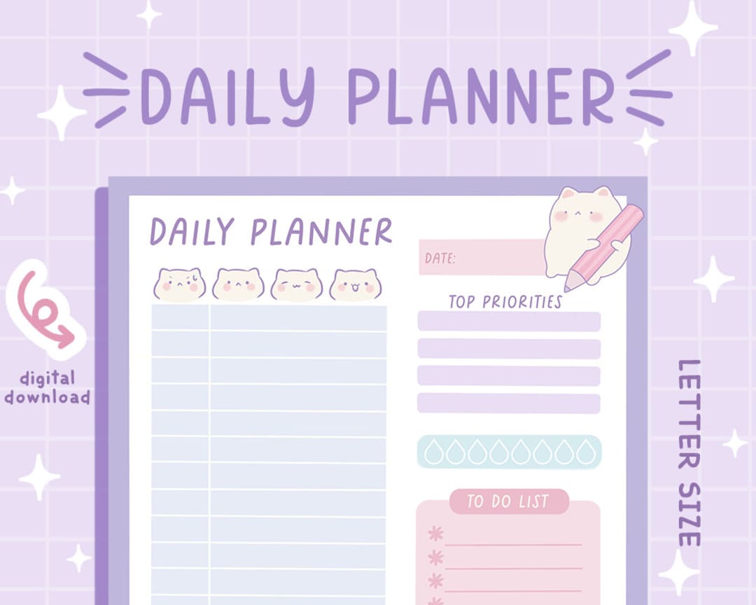 Purple Daily Planner Printable Daily Planner Kawaii Cat Daily Planner ...