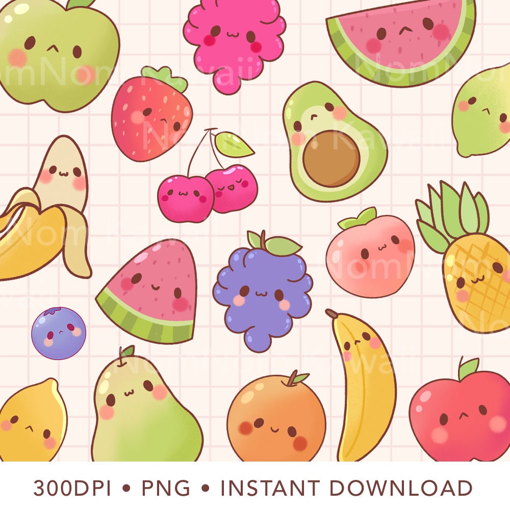 Cute Fruit Kawaii Fruit Clipart Strawberry Blueberry Apple Banana ...