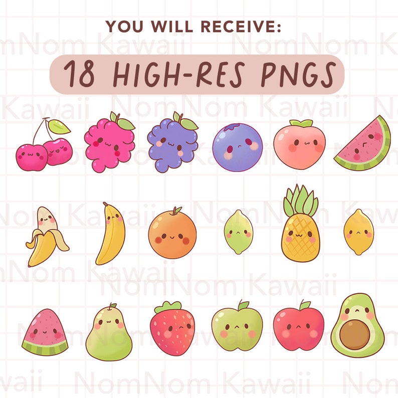 Cute Fruit Kawaii Fruit Clipart Strawberry Blueberry Apple Banana ...
