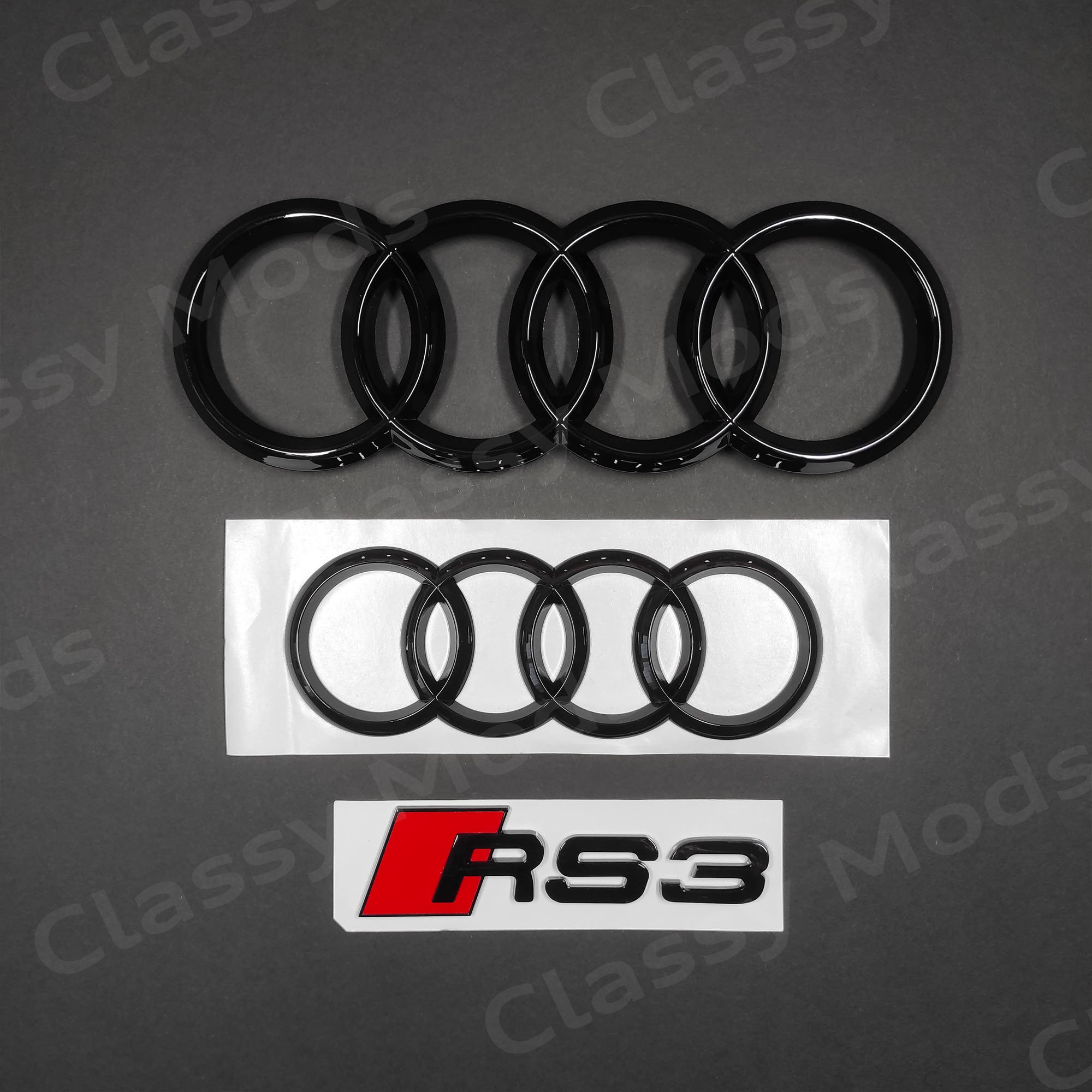 Audi RS3 8V Front & Rear Rings Emblem Badge SET Gloss Black 2016-2020 ...