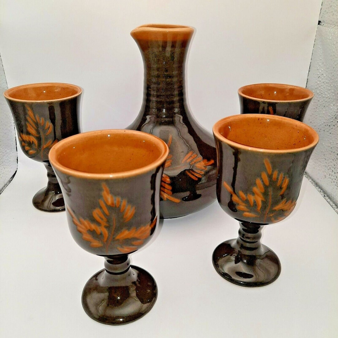 Studio Pottery Decanter and 4 Goblets Handmade in Wales UK Baroque ...