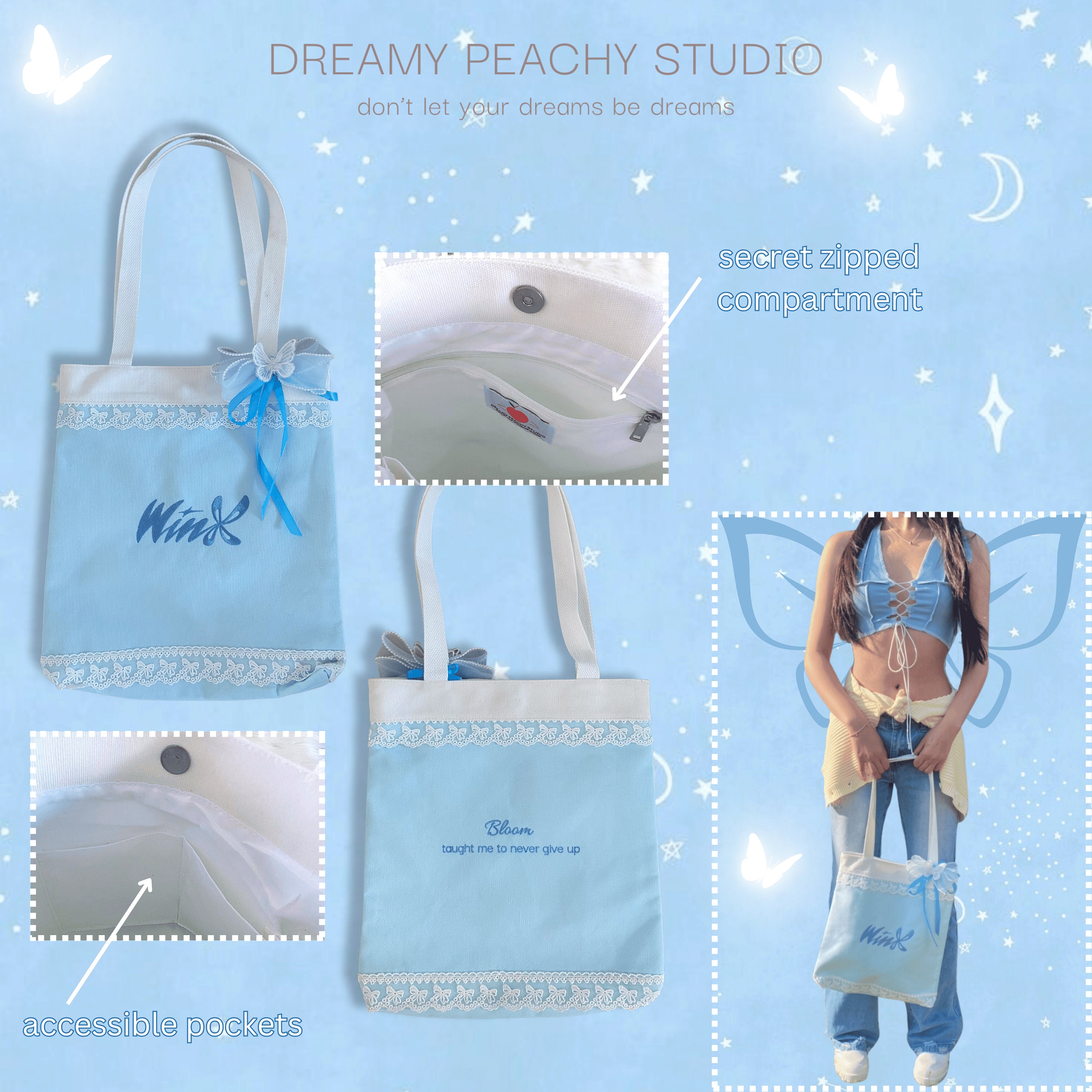 Winx Club Embroidery Tote Bags With Butterfly Bow (bloom, Flora, Stella ...