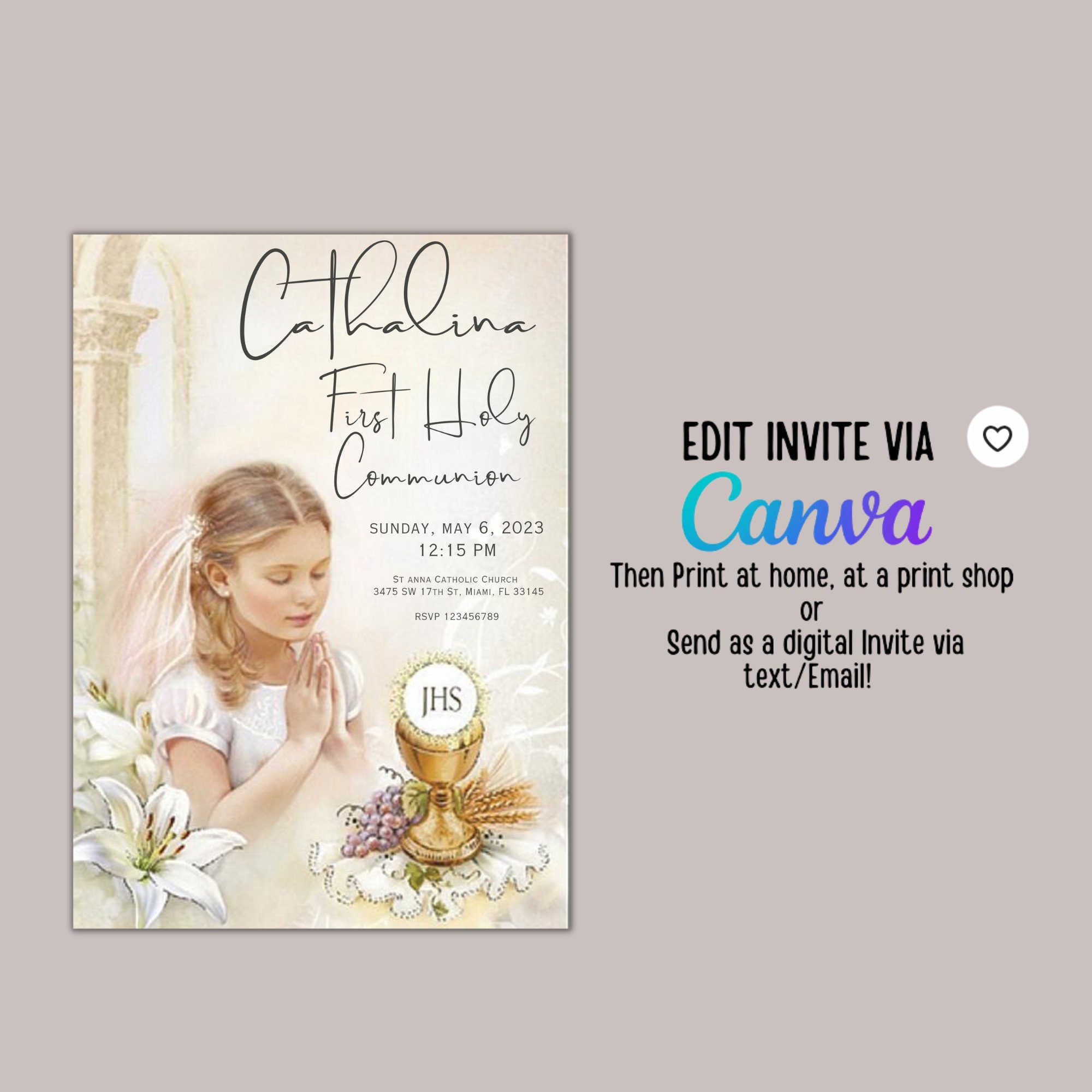 First Holy Communion Invitation Template: Editable Girl's Invite ...