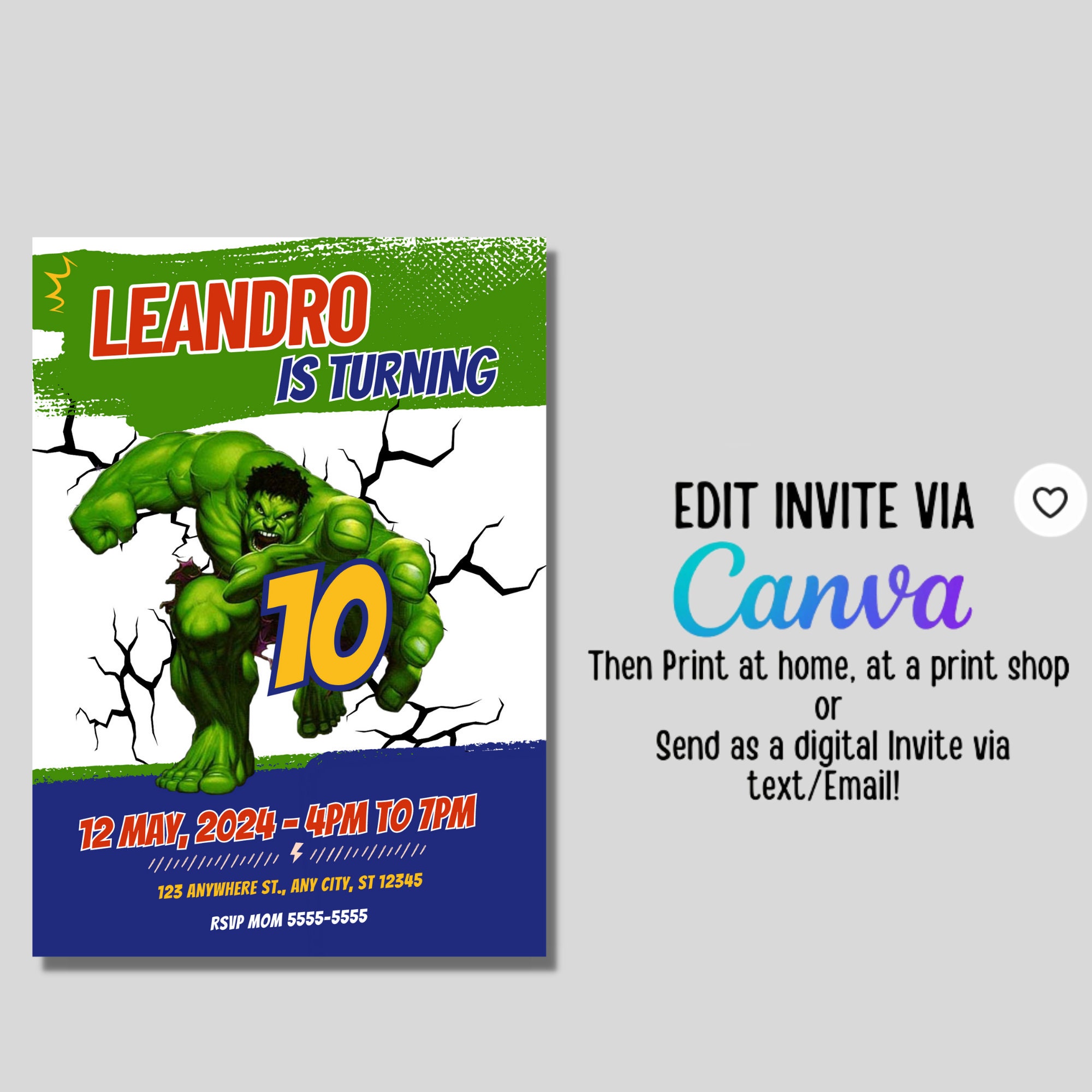 Hulk Birthday Party Invitation Template, Hulk Birthday Invitation ...