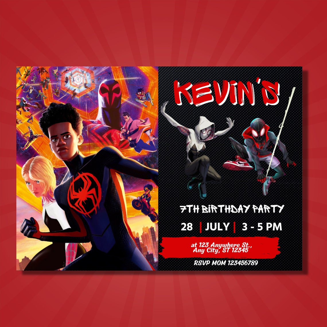 Spider-man: Across the Spider-verse Birthday Invitation Spiderman Movie ...