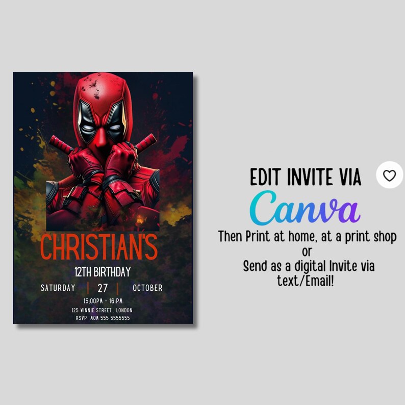 Deadpool Birthday Invitation, Printable and Digital Birthday Invite ...