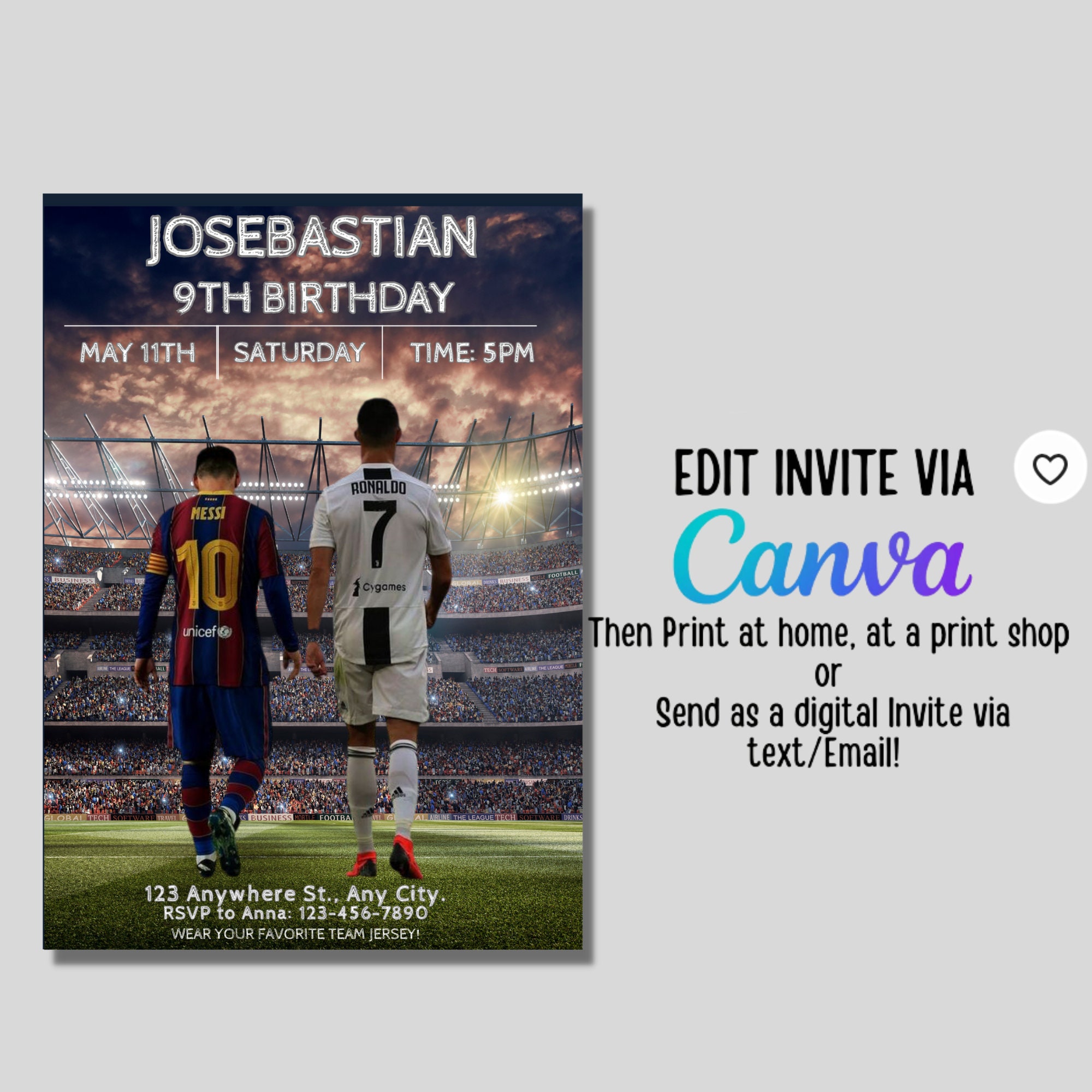 Ronaldo Vs Messi Birthday Invitation: Editable Soccer Card (digital ...
