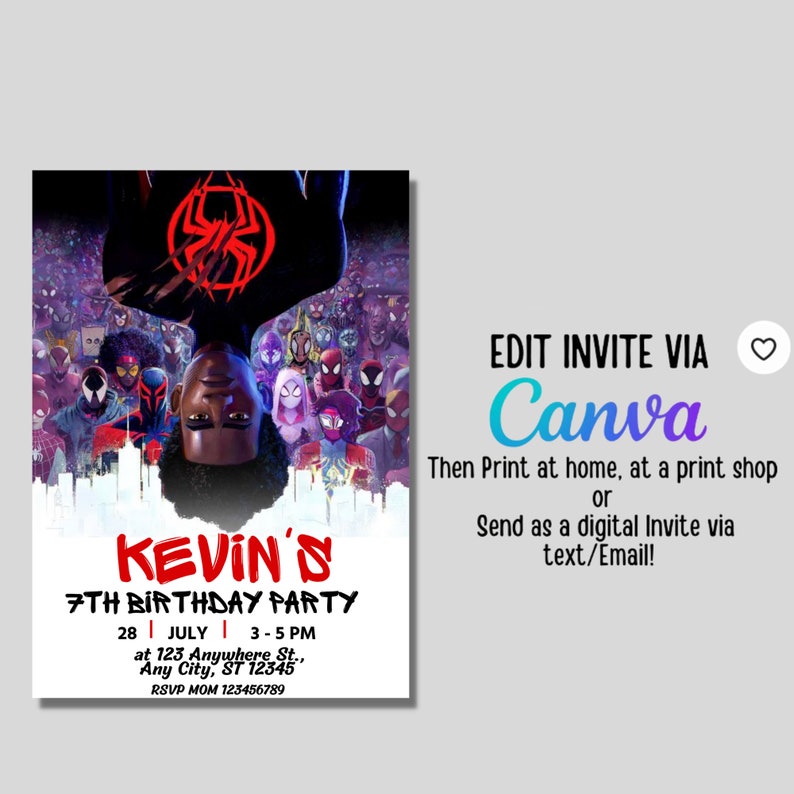 Spider-man: Across the Spider-verse Birthday Invitation Spiderman Movie ...