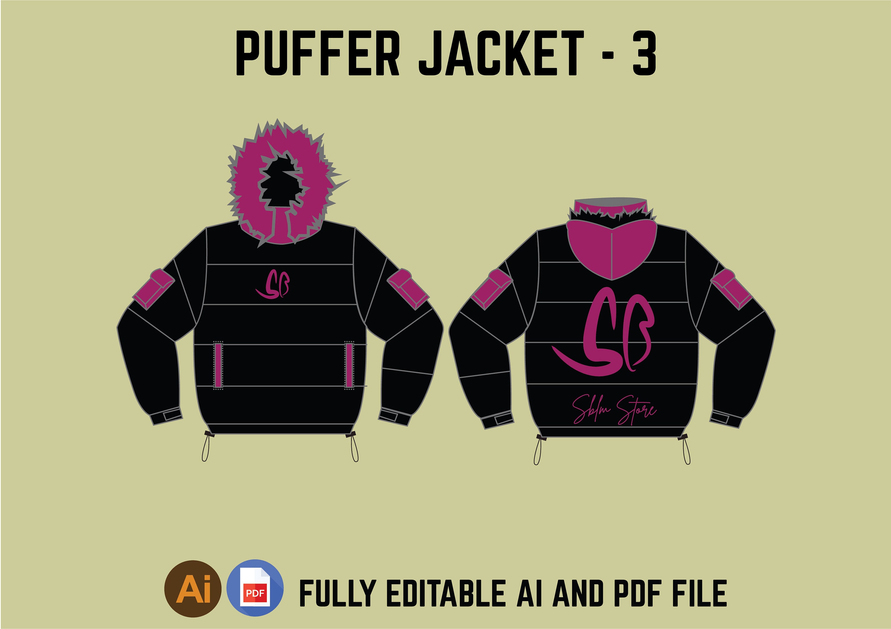 Streetwear Puffer Jacket With Hood Mockup Tech Pack Vector Ai Editable ...