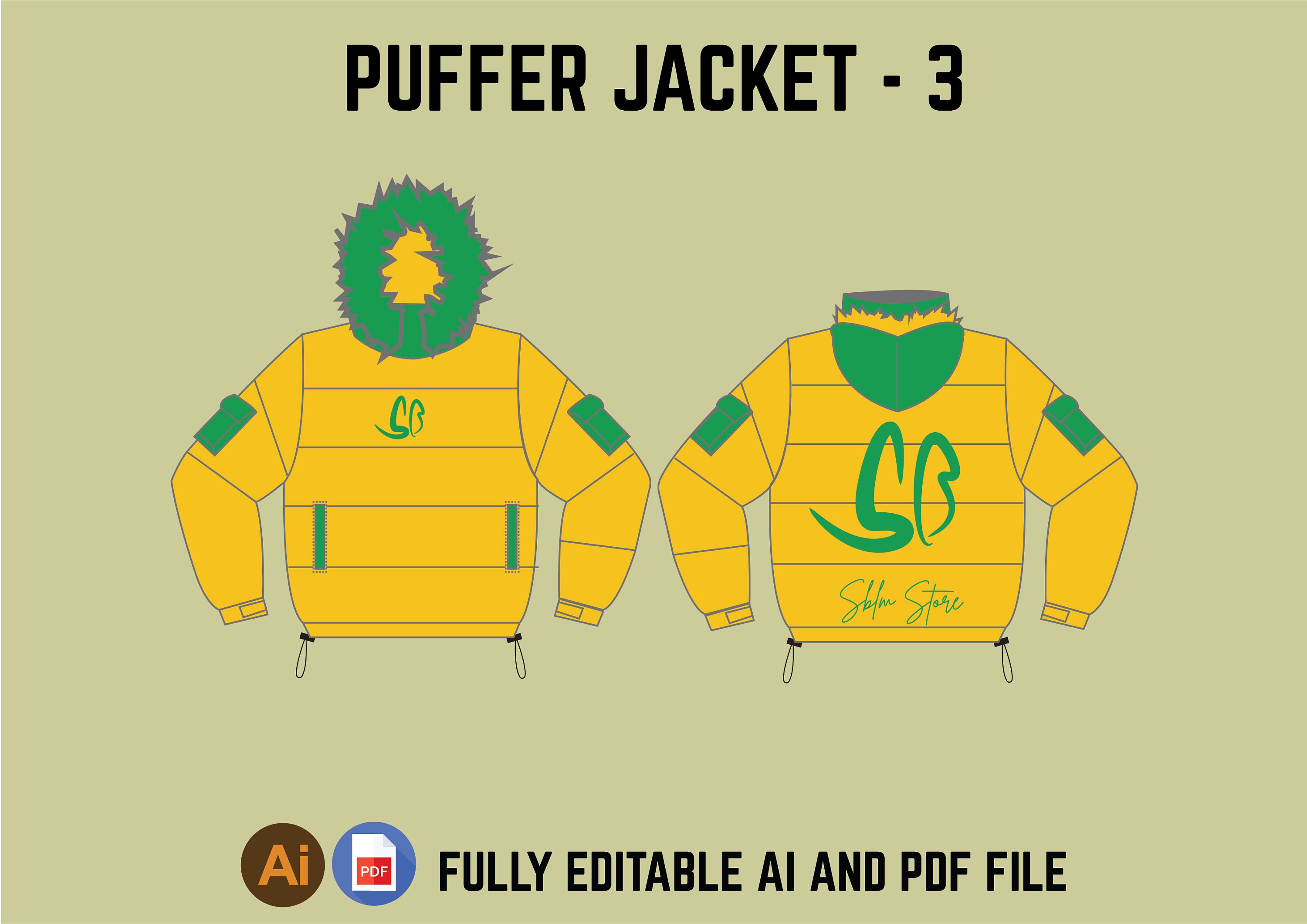 Streetwear Puffer Jacket With Hood Mockup Tech Pack Vector Ai Editable ...