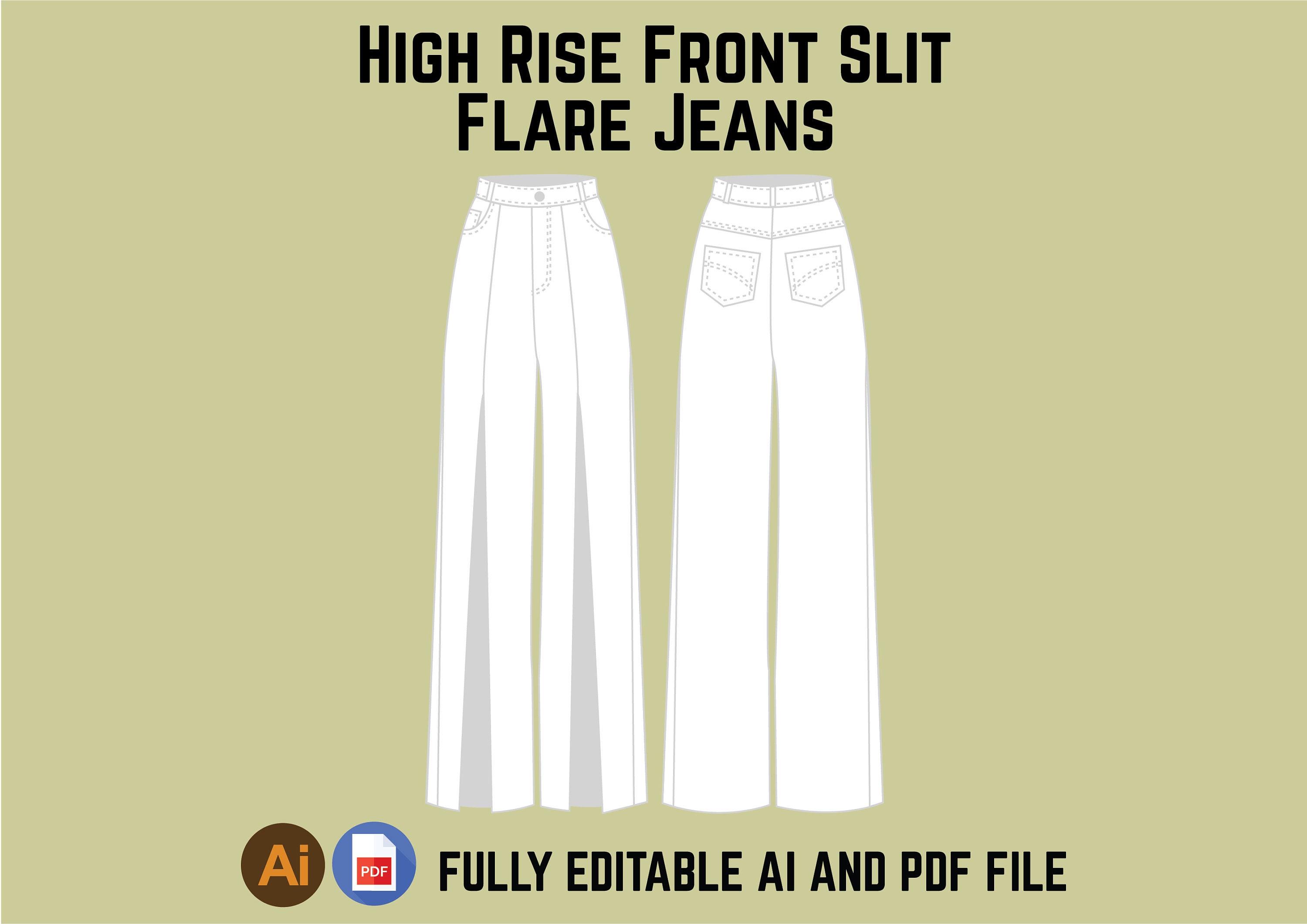 High Rise Front Slit Flare Jeans Fashion Flat Technical Drawing ...