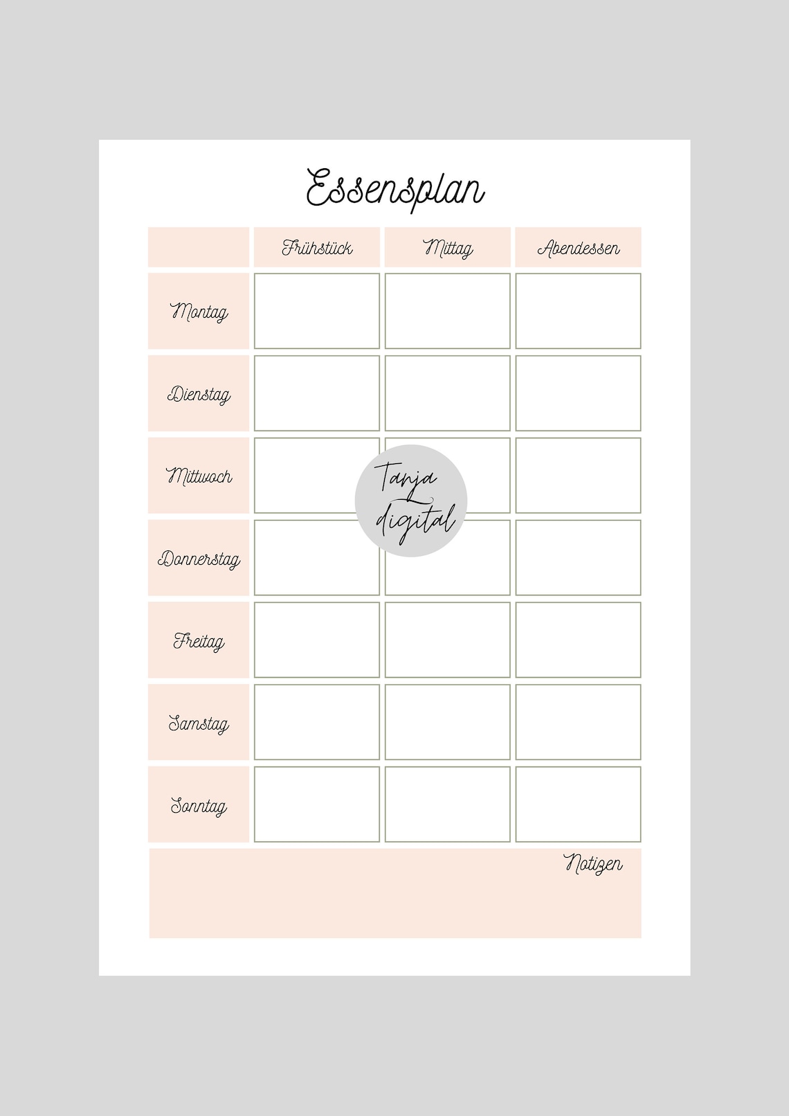 Essensplan Druckvorlage | Speiseplan | PDF 7 Seiten diversen Vorlagen ...