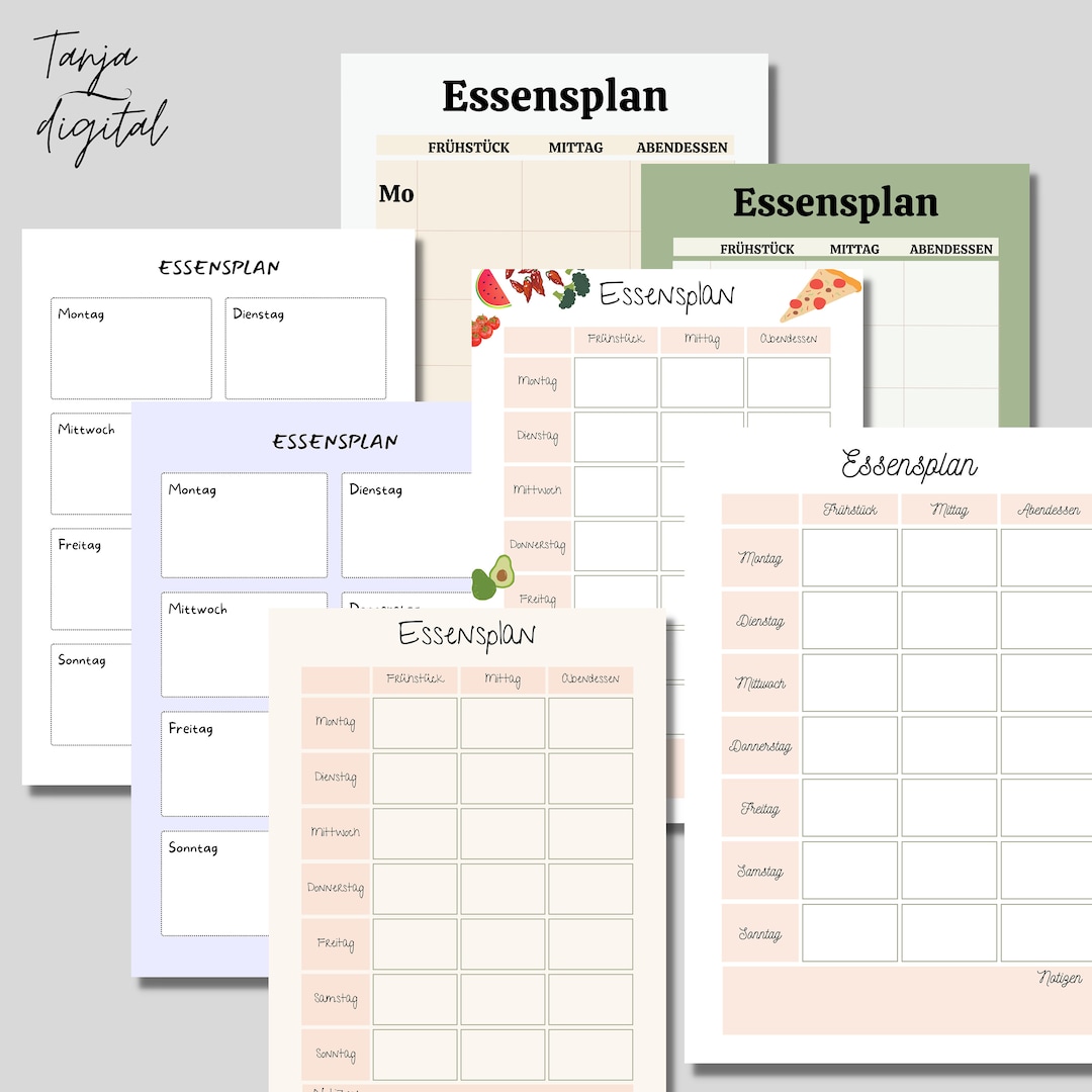 Essensplan Druckvorlage | Speiseplan | PDF 7 Seiten diversen Vorlagen | Wochenplan | Kochen ...