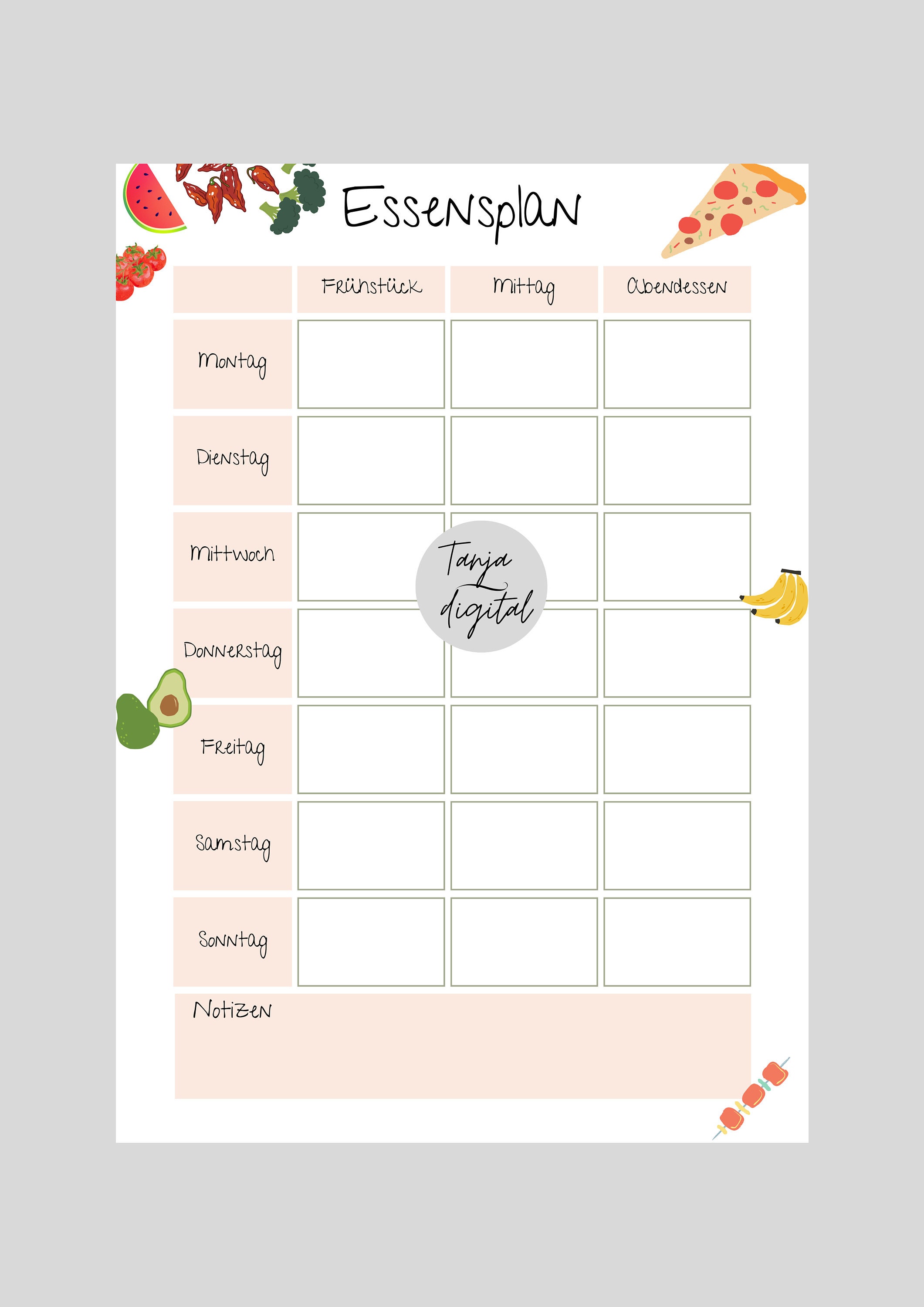 Essensplan Druckvorlage | Speiseplan | PDF 7 Seiten diversen Vorlagen | Wochenplan | Kochen ...