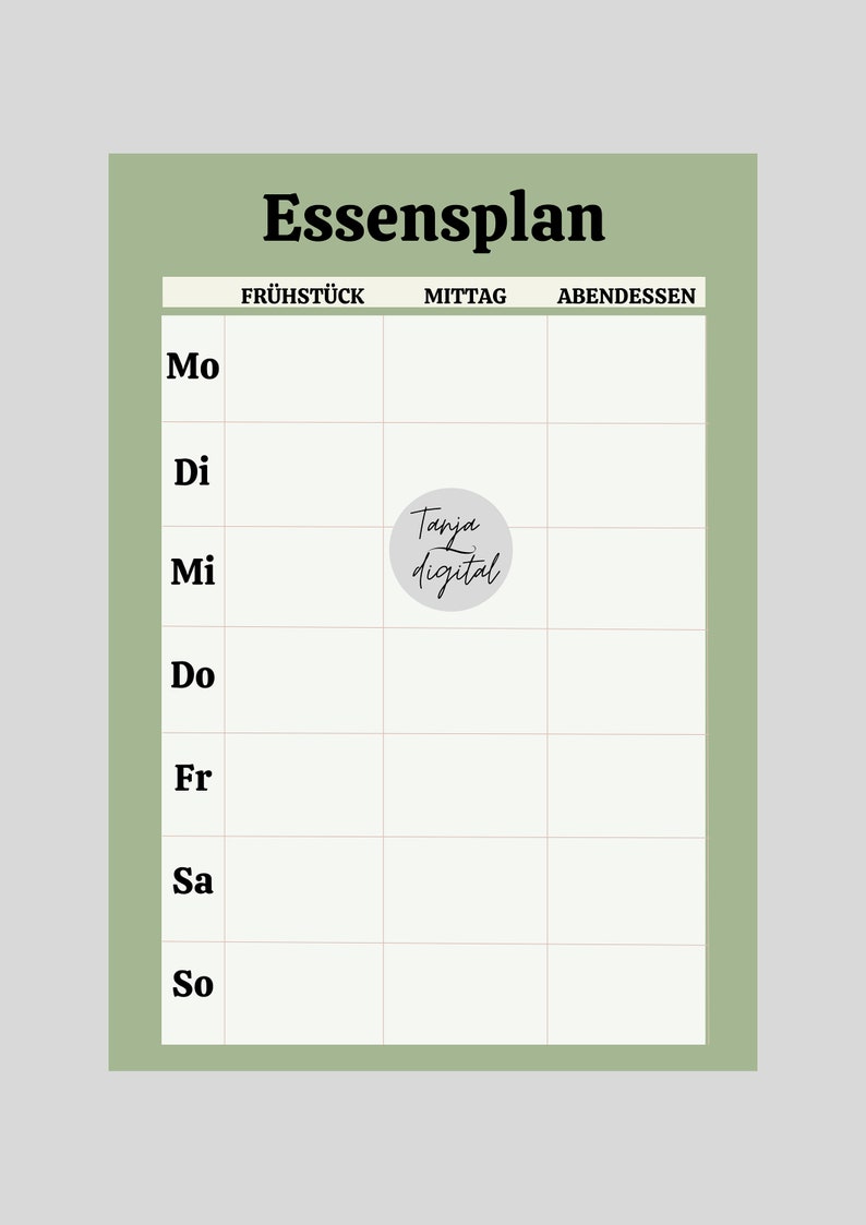 Essensplan Druckvorlage | Speiseplan | PDF 7 Seiten diversen Vorlagen ...