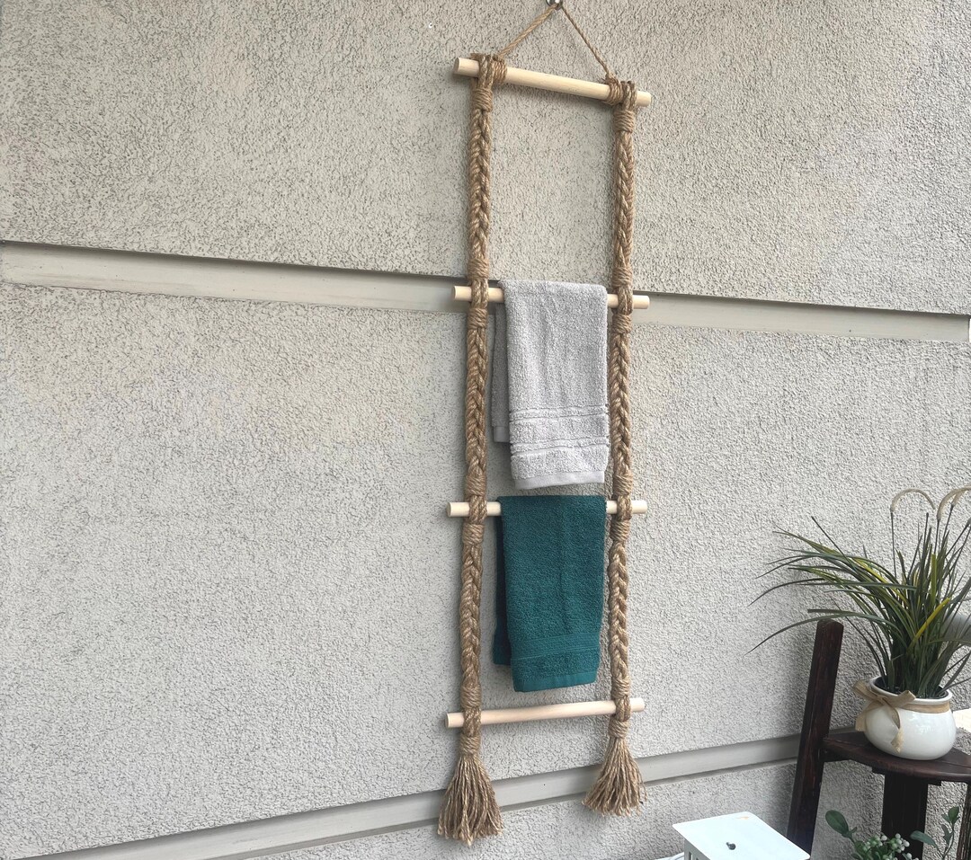 Towel Ladder Rack – Jute Rope & Wood Towel Holder – Hanging Dryer With ...