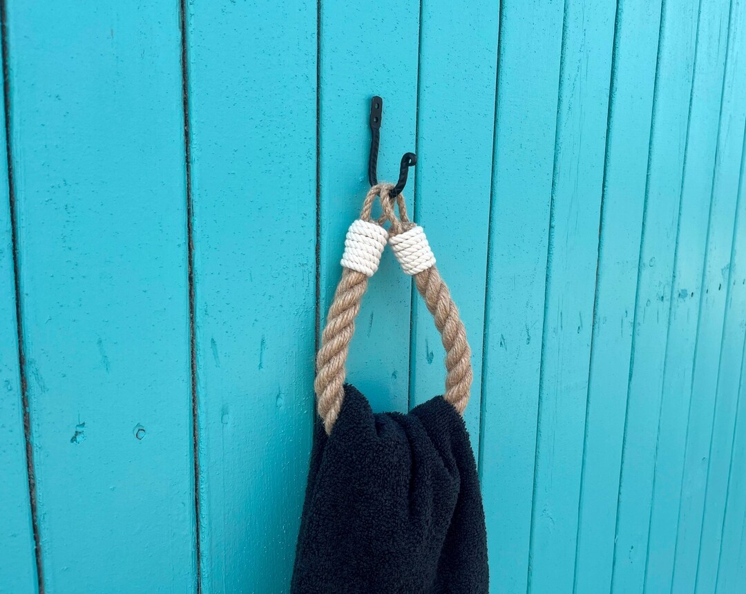 Jute Rope Towel Holder With Black Forged Hook – Rustic Industrial ...