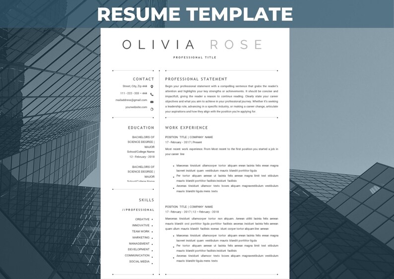 2 Page Resume Template Professional Clean Simple Minimalist CV Template ...