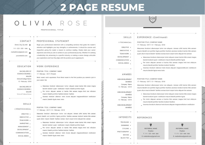 2 Page Resume Template Professional Clean Simple Minimalist CV Template ...