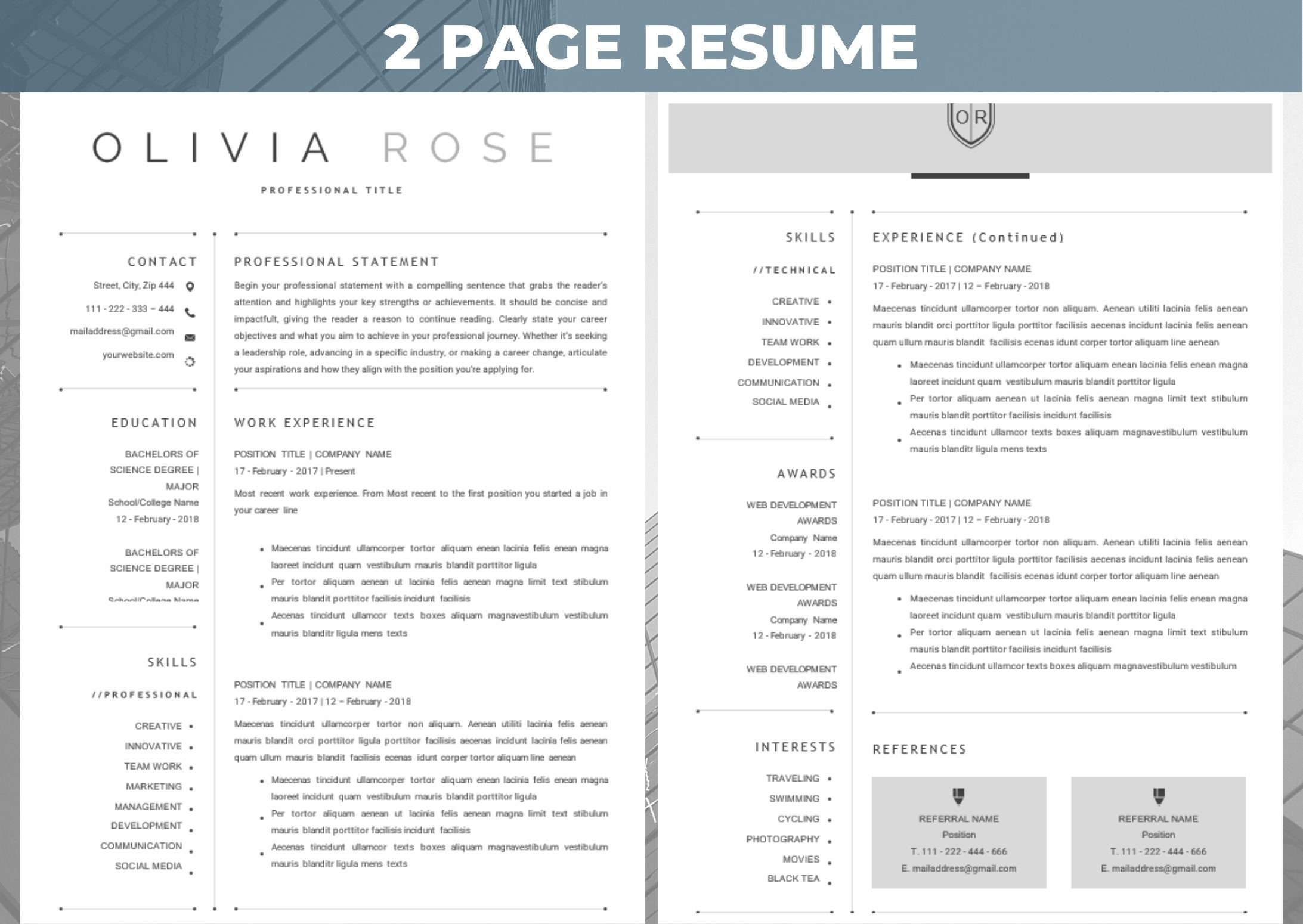2 Page Resume Template Professional Clean Simple Minimalist CV Template ...