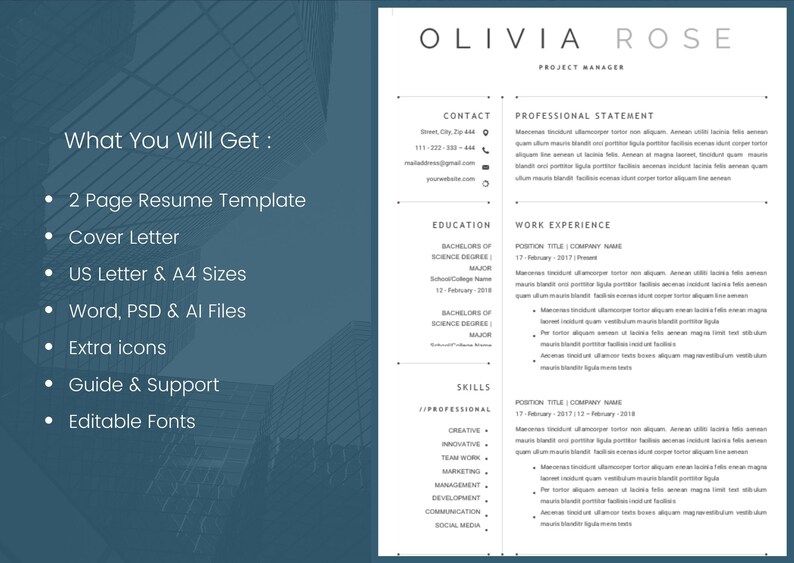 2 Page Resume Template Professional Clean Simple Minimalist CV Template ...