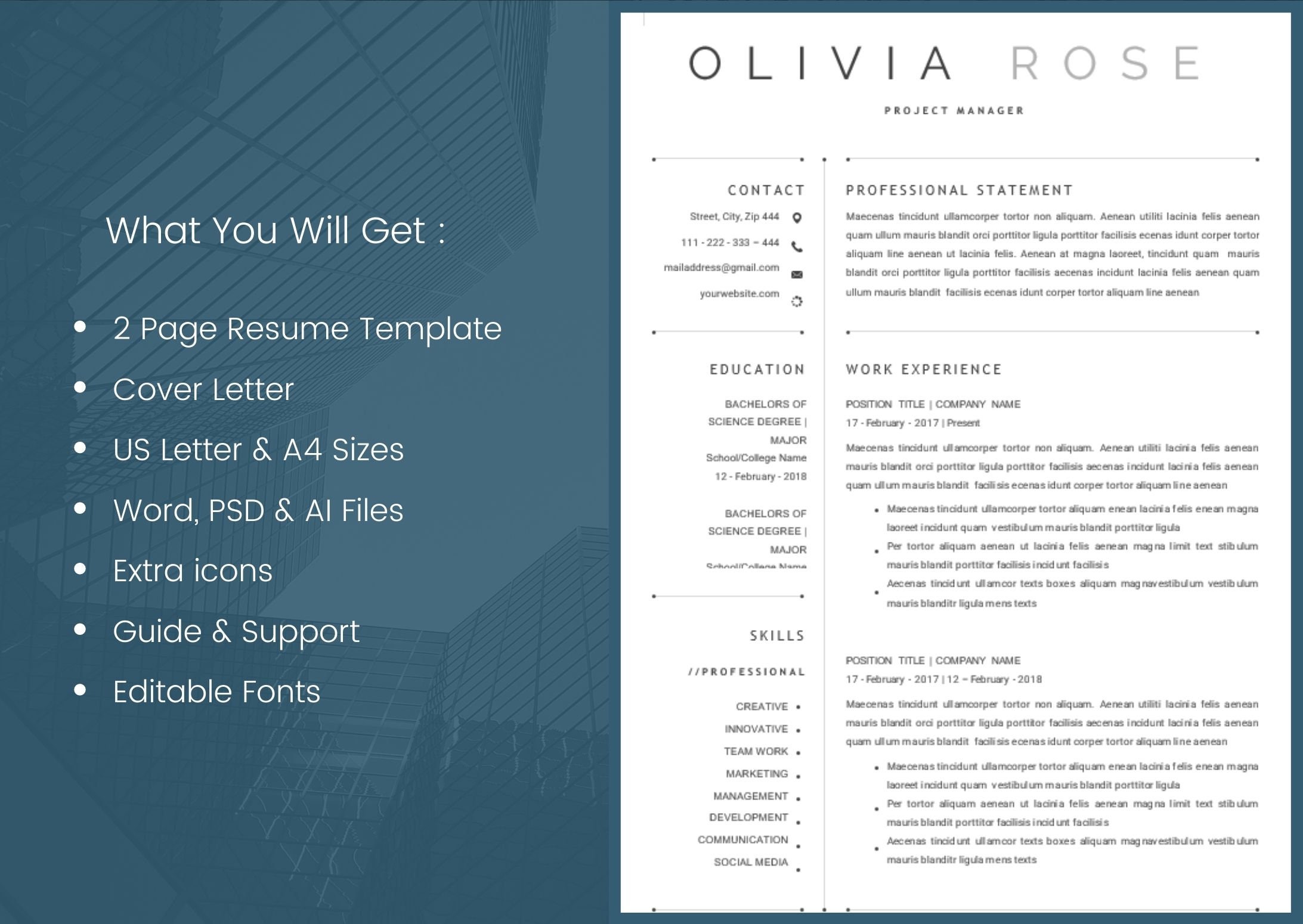 2 Page Resume Template Professional Clean Simple Minimalist CV Template ...