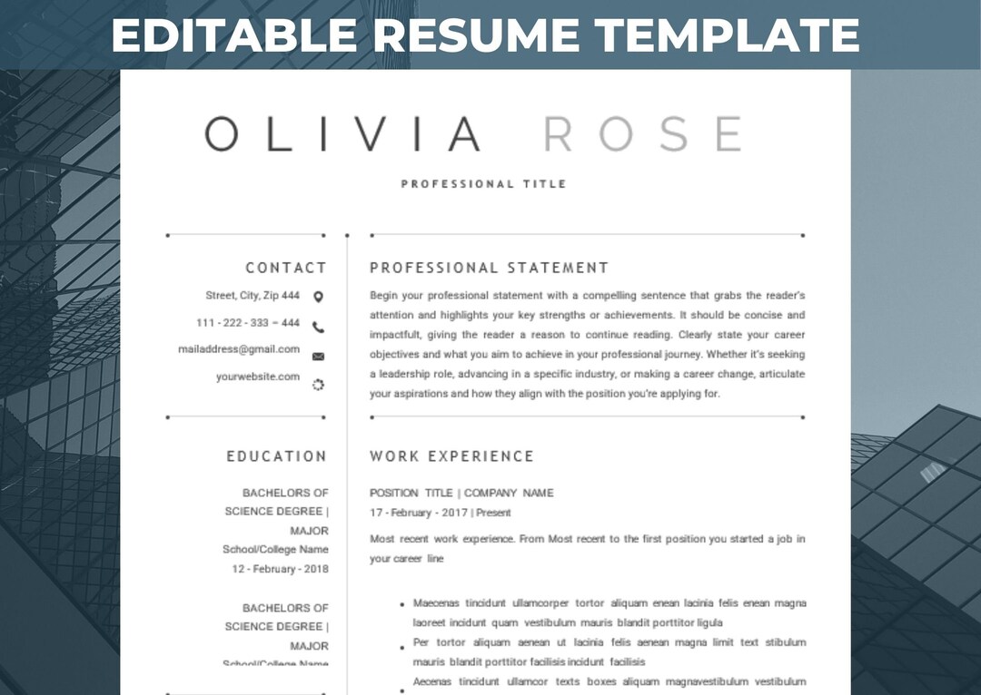 2 Page Resume Template Professional Clean Simple Minimalist CV Template ...