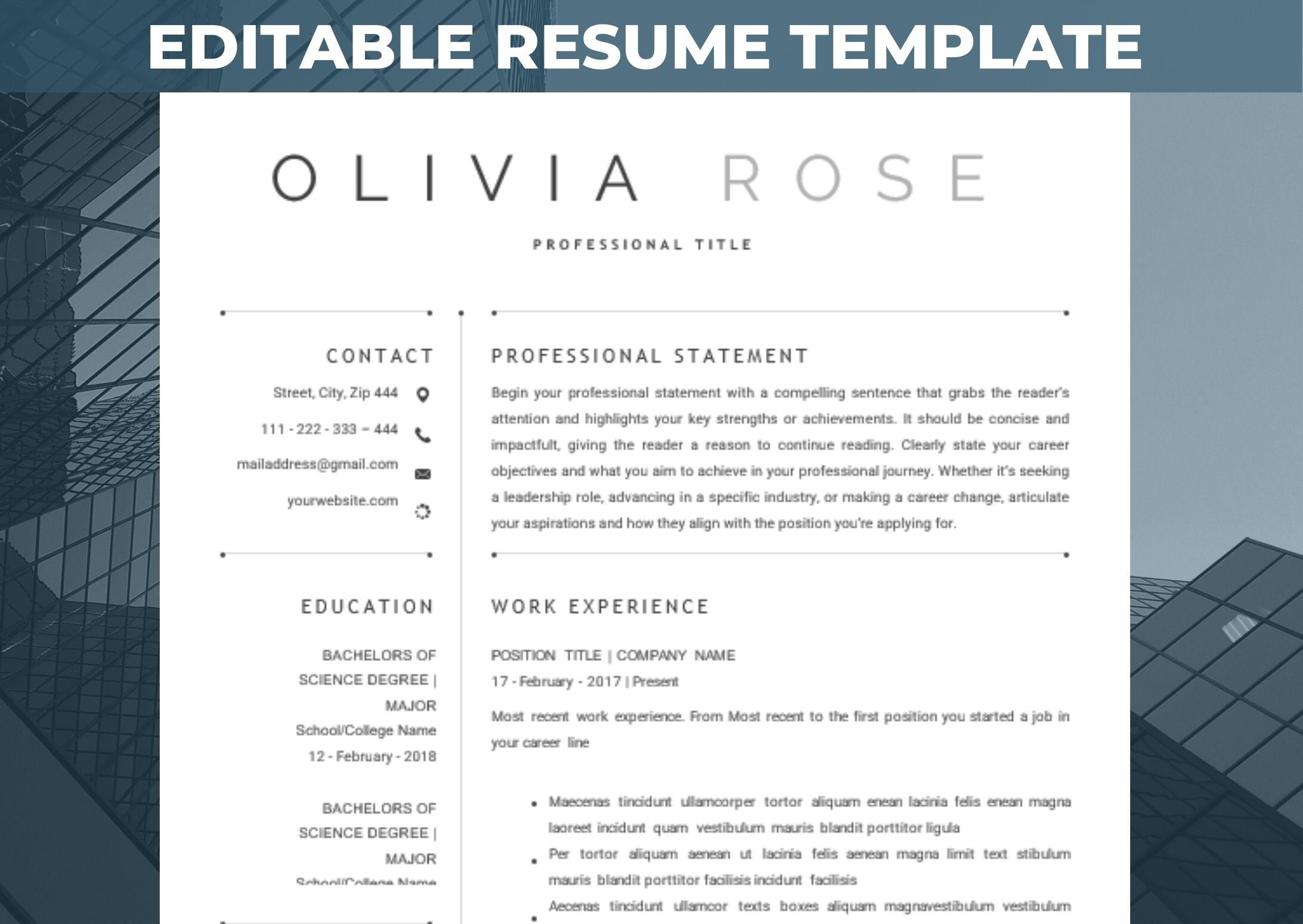 2 Page Resume Template Professional Clean Simple Minimalist CV Template ...