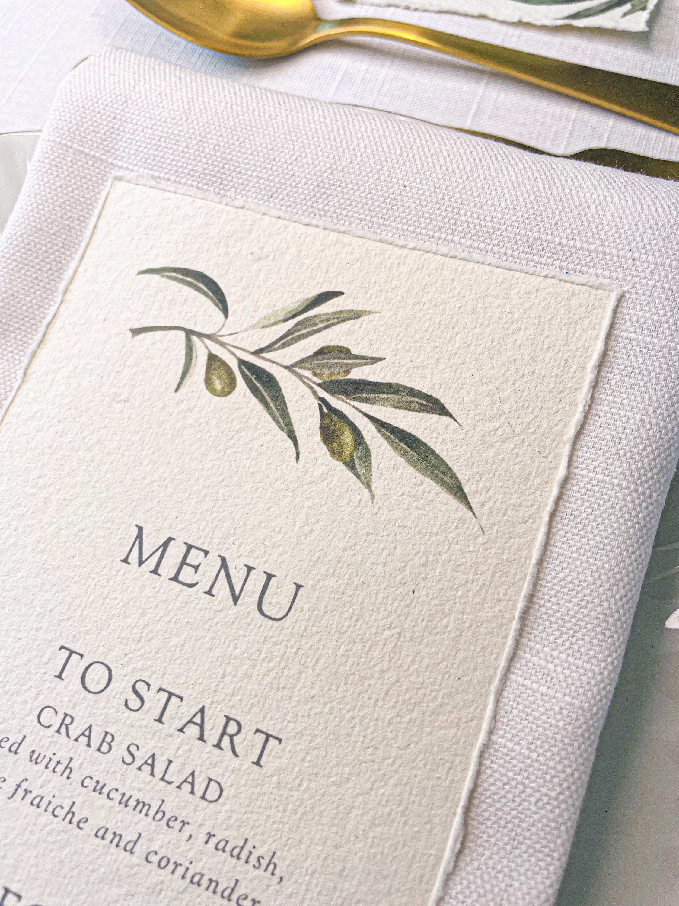 Olive Wedding Menu / Handmade Paper Menu / Olive Menu / Olive Branch ...