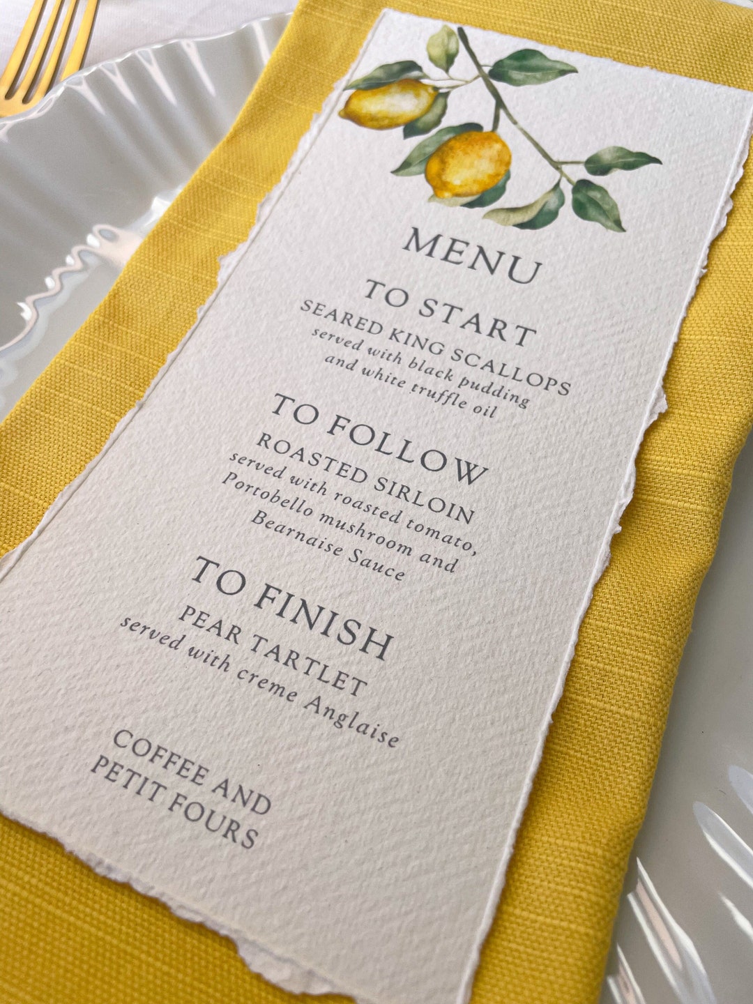 Lemon Wedding Menu / Handmade Paper Menu / Lemon Menu / Menu / Wedding ...
