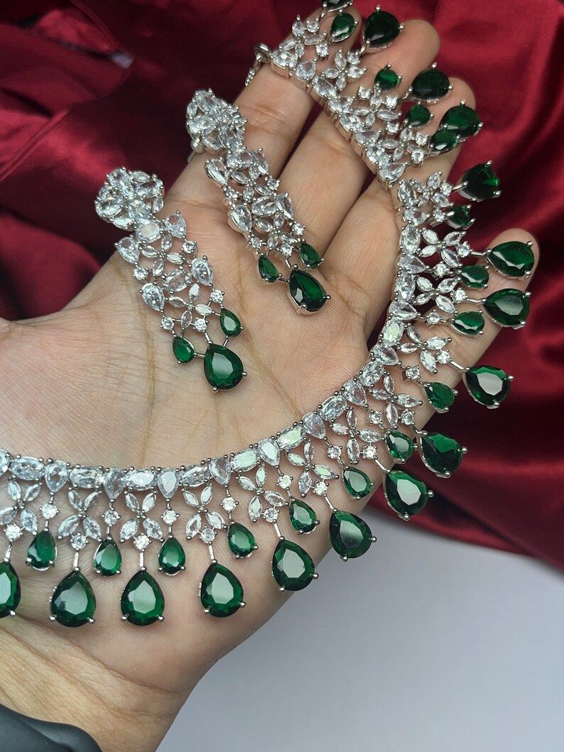 CZ Green Diamond Replica Necklace and Earring Set | Bridal Choker ...