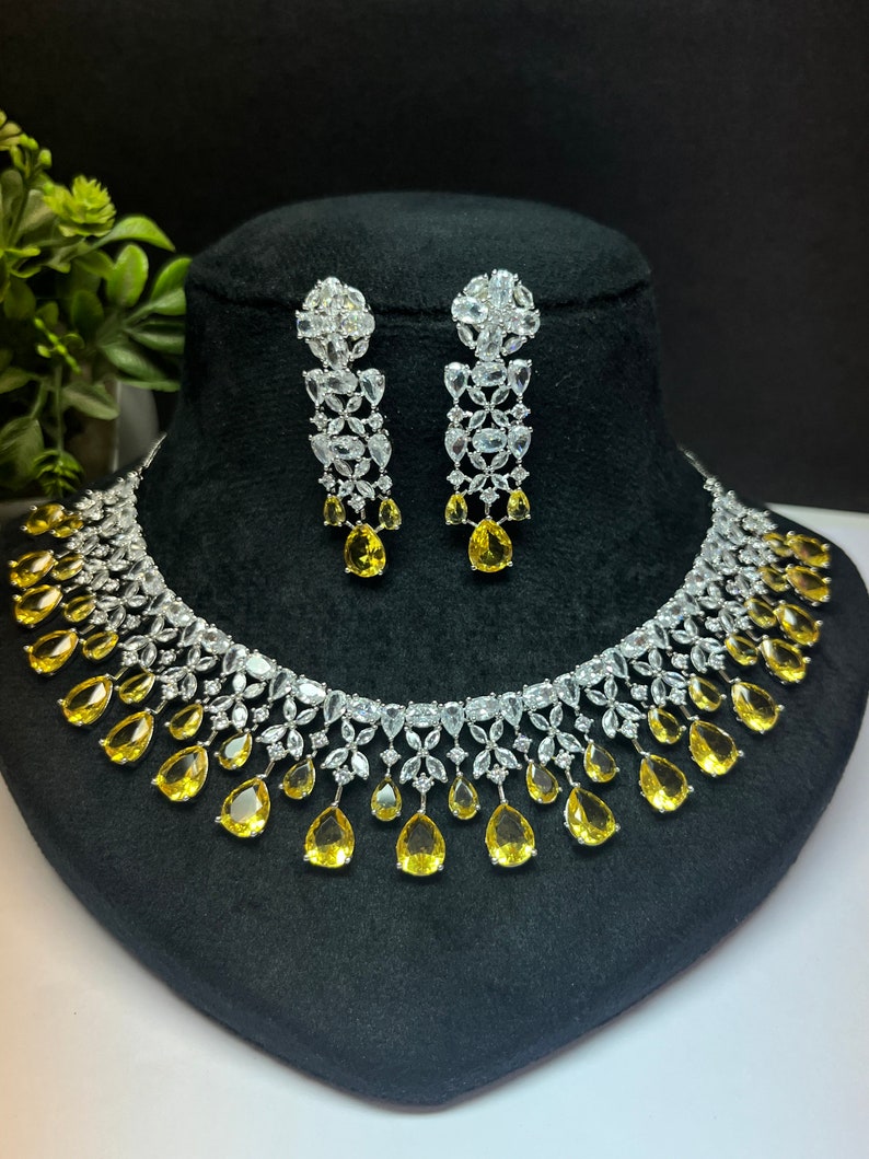 CZ Yellow Zircon Diamond Necklace Earring Set, Bridal Choker Wedding ...