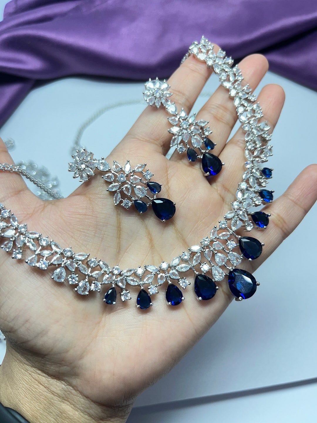 CZ Faux Sapphire Blue Color Necklace Set Zirconia Necklace and Earrings ...
