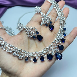 CZ Blue Diamond Necklace Earring Artificial Jewelry Set, Bridal Choker ...