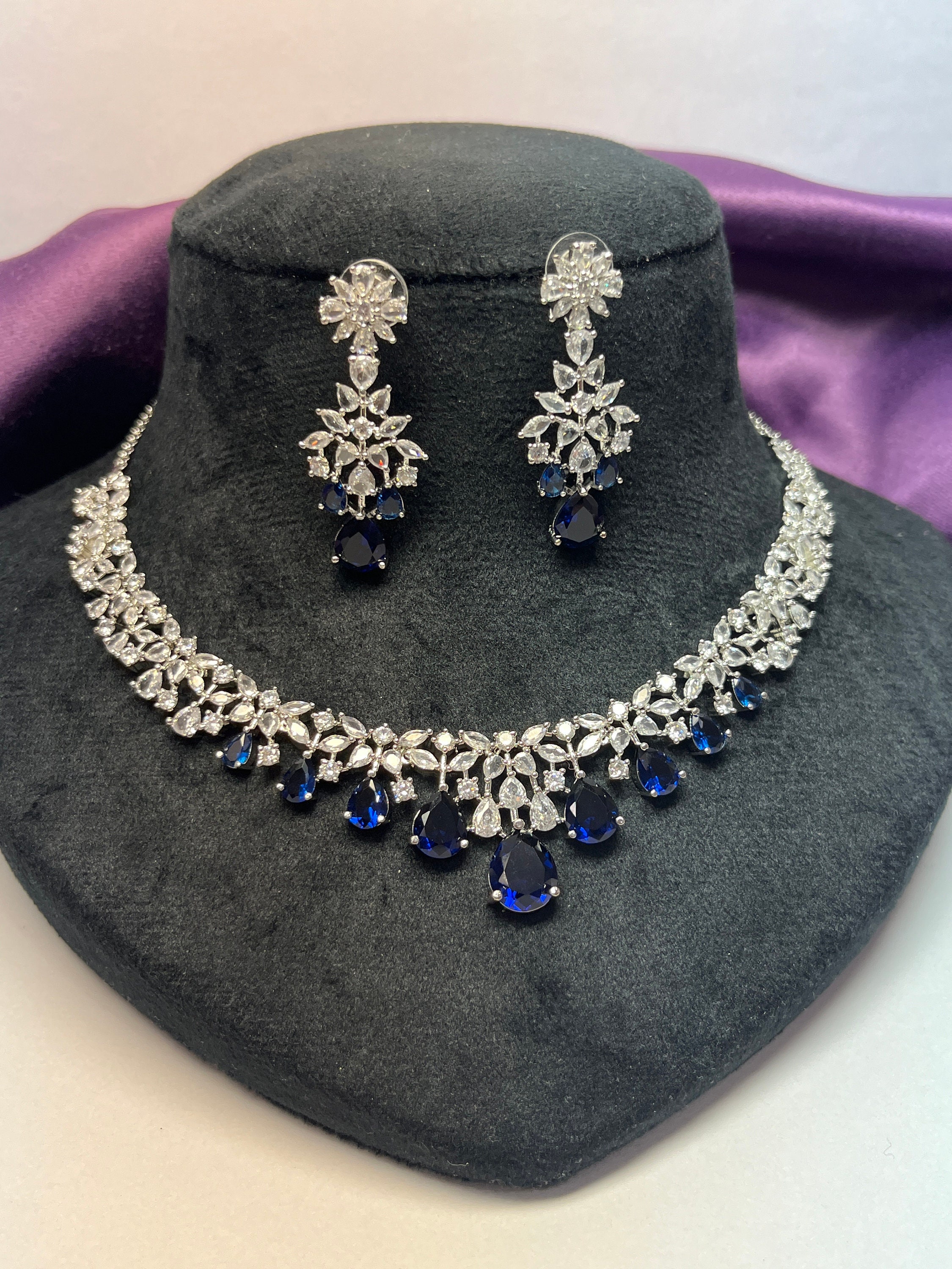 CZ Faux Sapphire Blue Color Necklace Set Zirconia Necklace and Earrings ...