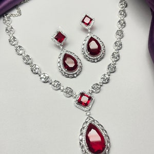 CZ Red Color Pendant Necklace Set| Zirconia Earrings| Diamond Replica ...