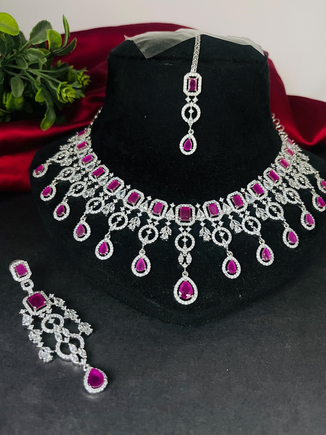 Ruby Pink CZ Necklace Set, American Diamond Tikka Artificial Wedding ...
