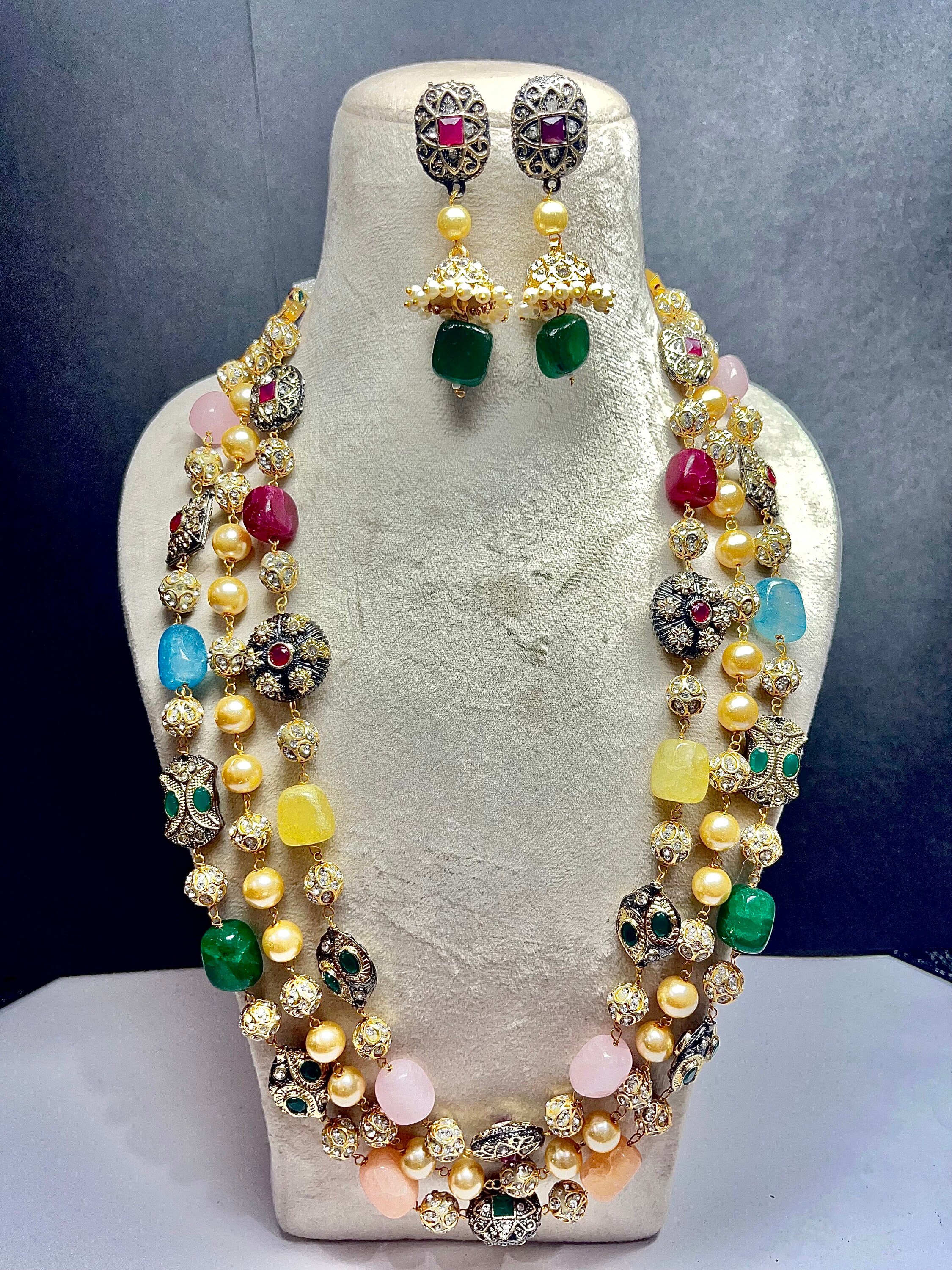 Antique Finish Handmade Layer Beaded Tumble Mala Necklace Set With ...